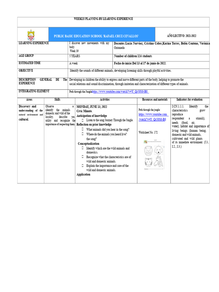 WEEKLY PLANNING 39 I Discover New Movements With My Body. | PDF ...