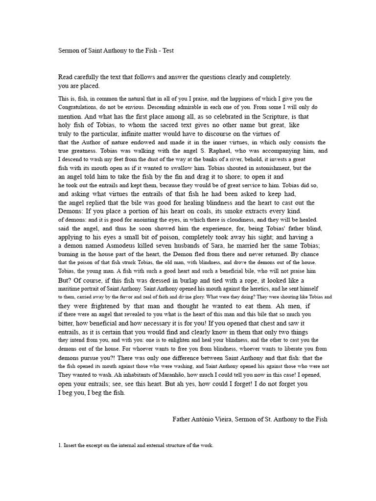 Sermon of Saint Anthony To The Fish Test Fish Tobias | PDF