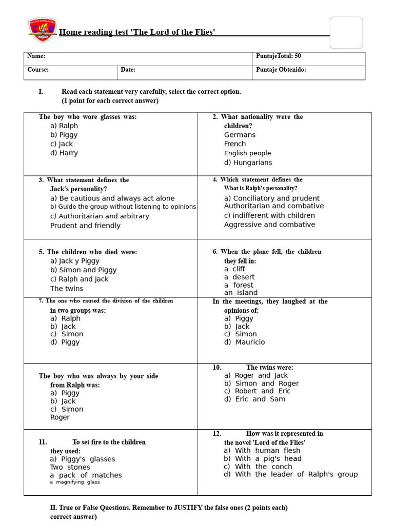 Lord of the Flies Home Reading Test | PDF