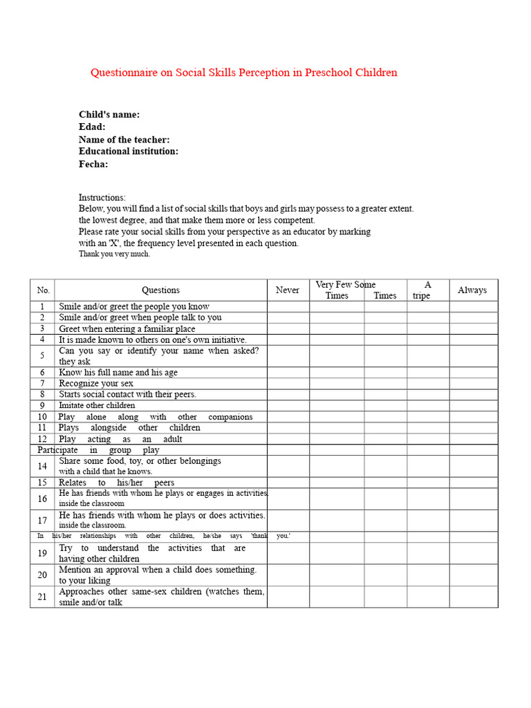 Preschool Social Skills Perception Questionnaire | PDF | Social Skills ...