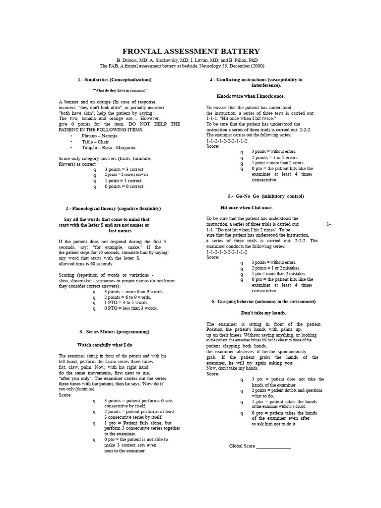 Frontal Assessment Battery Overview | PDF | Cognitive Psychology ...
