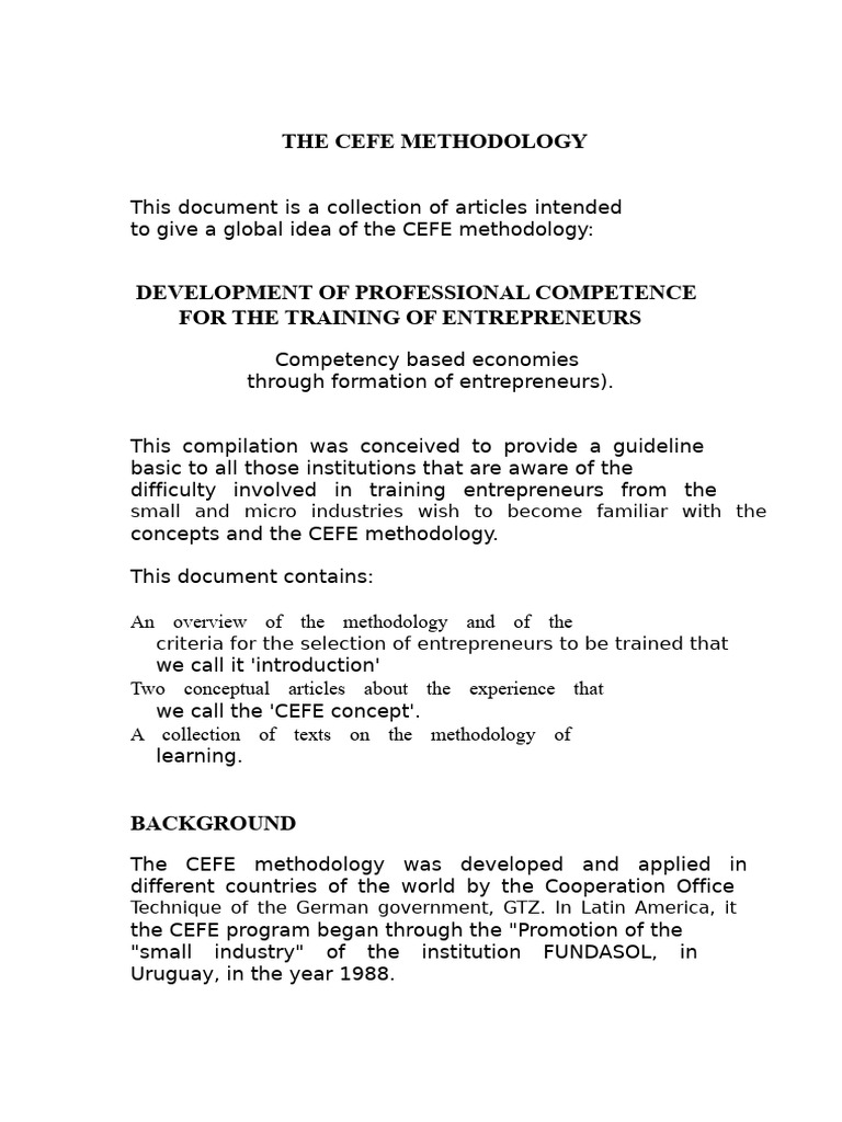 CEFE Methodology for Entrepreneur Training | PDF | Entrepreneurship ...
