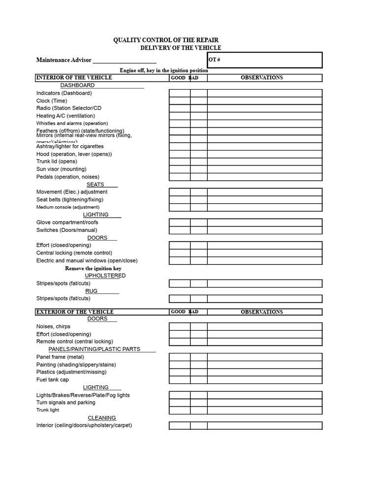 Vehicle Repair Quality Control Checklist | PDF | Brake | Car