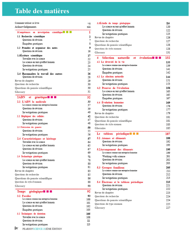 Pearson Science 7 10 Livre de L'élève de 10e Année Table Des Matières ...