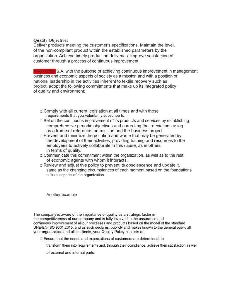 Quality Policy | PDF | Customer | Policy