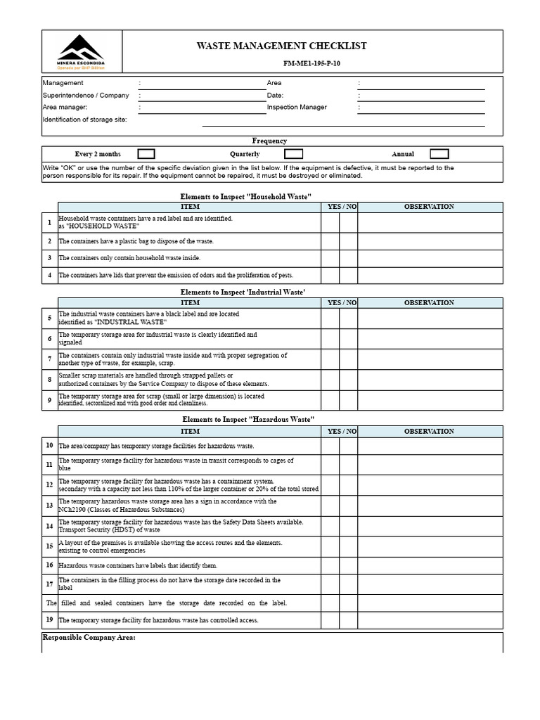 Waste Management Checklist | PDF | Waste | Municipal Solid Waste
