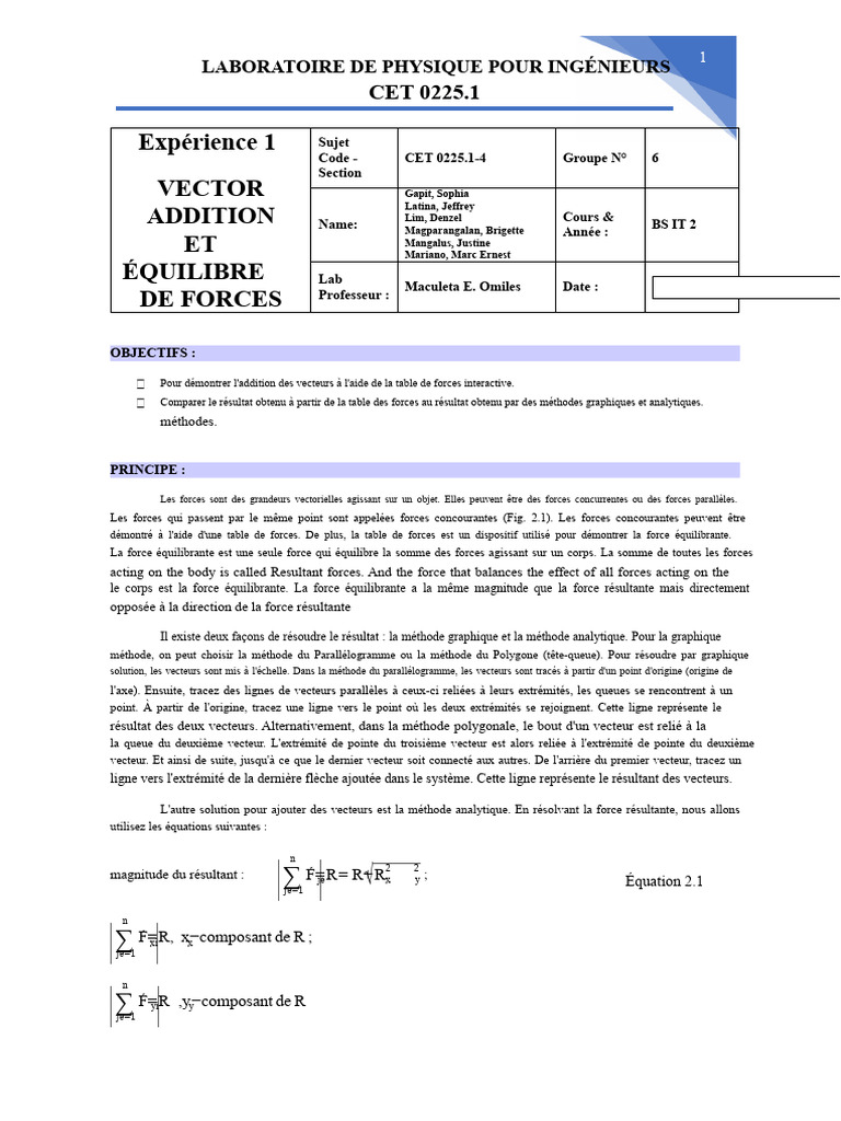 Expérience 1 Addition de Vecteurs - FICHE DE RAPPORT DE LABORATOIRE ...
