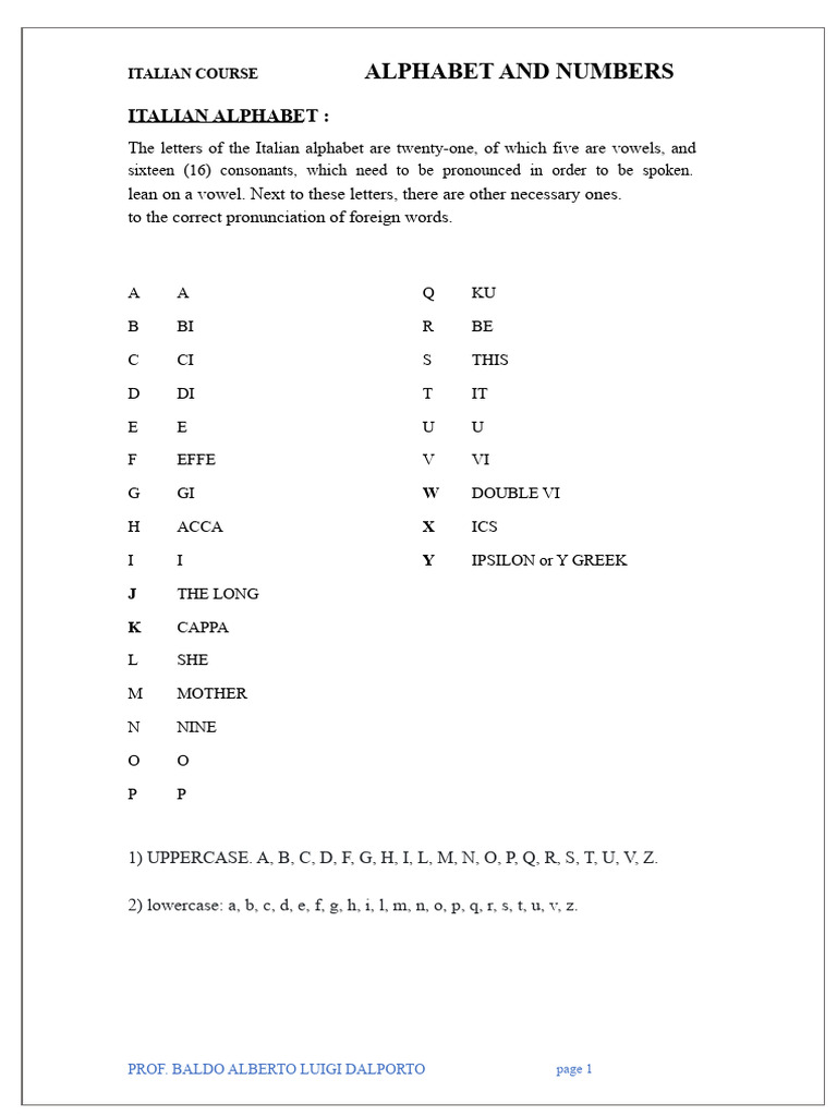 Italian Alphabet and Numbers Guide | PDF | Consonant | Alphabet