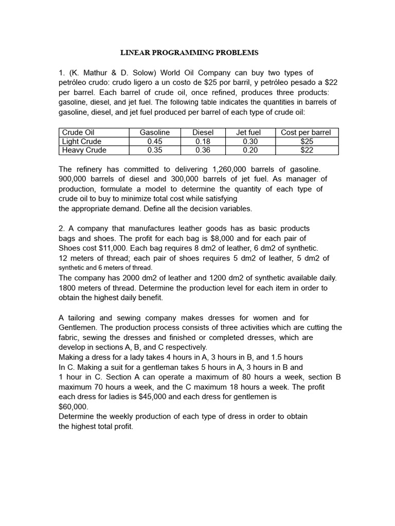 Linear Programming Problems | PDF | Petroleum | Diesel Fuel