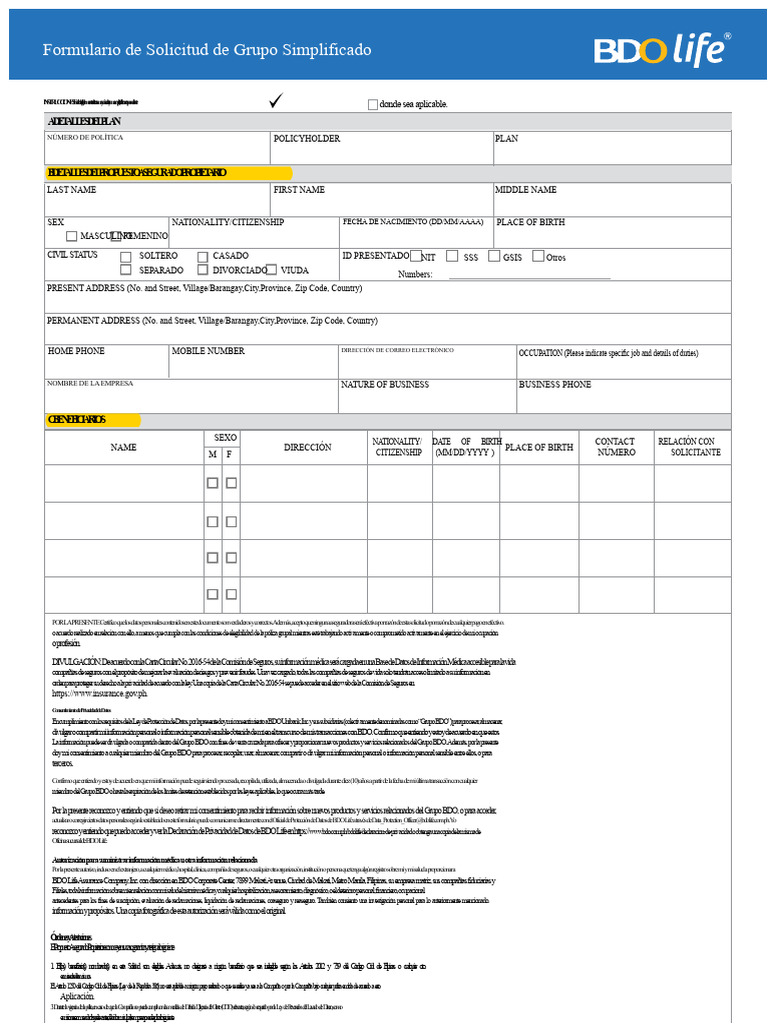 Solicitud de Seguro de Grupo Simplificado | PDF | Privacidad