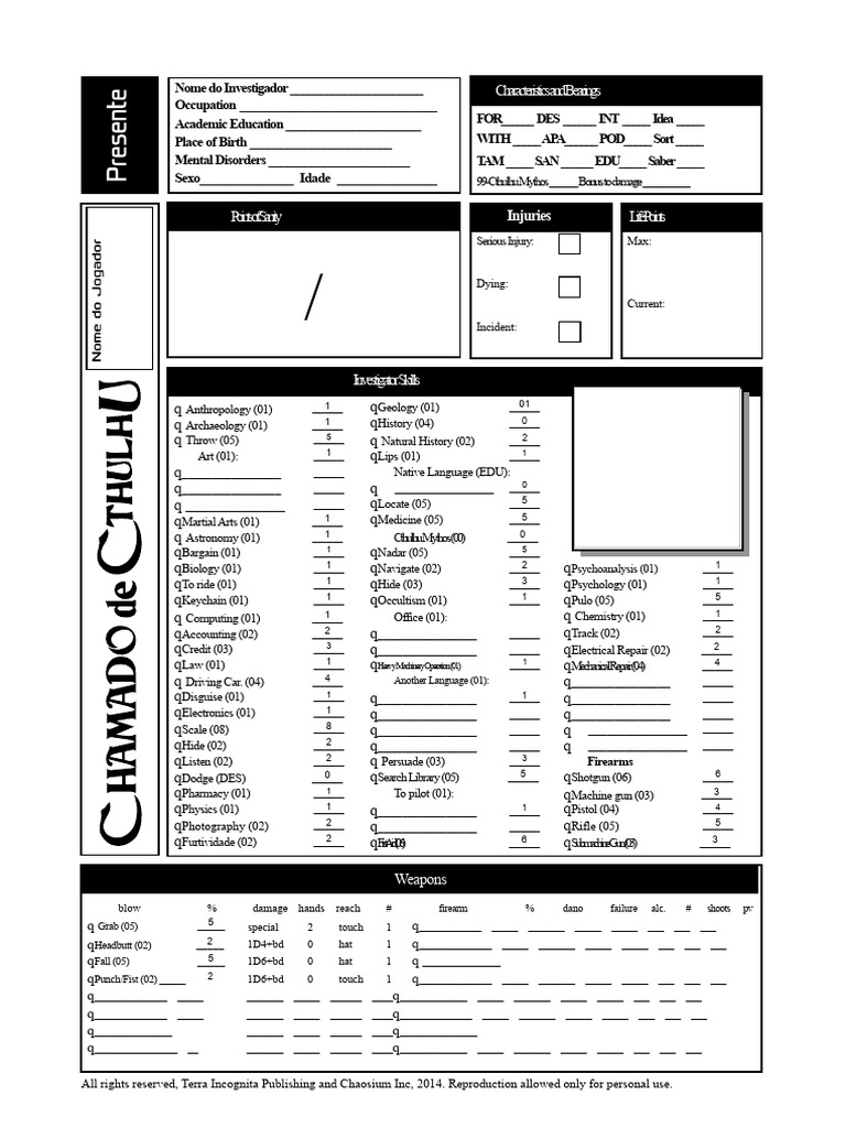 Call of Cthulhu PT-BR - Character Sheet (Present Day) Editable | PDF