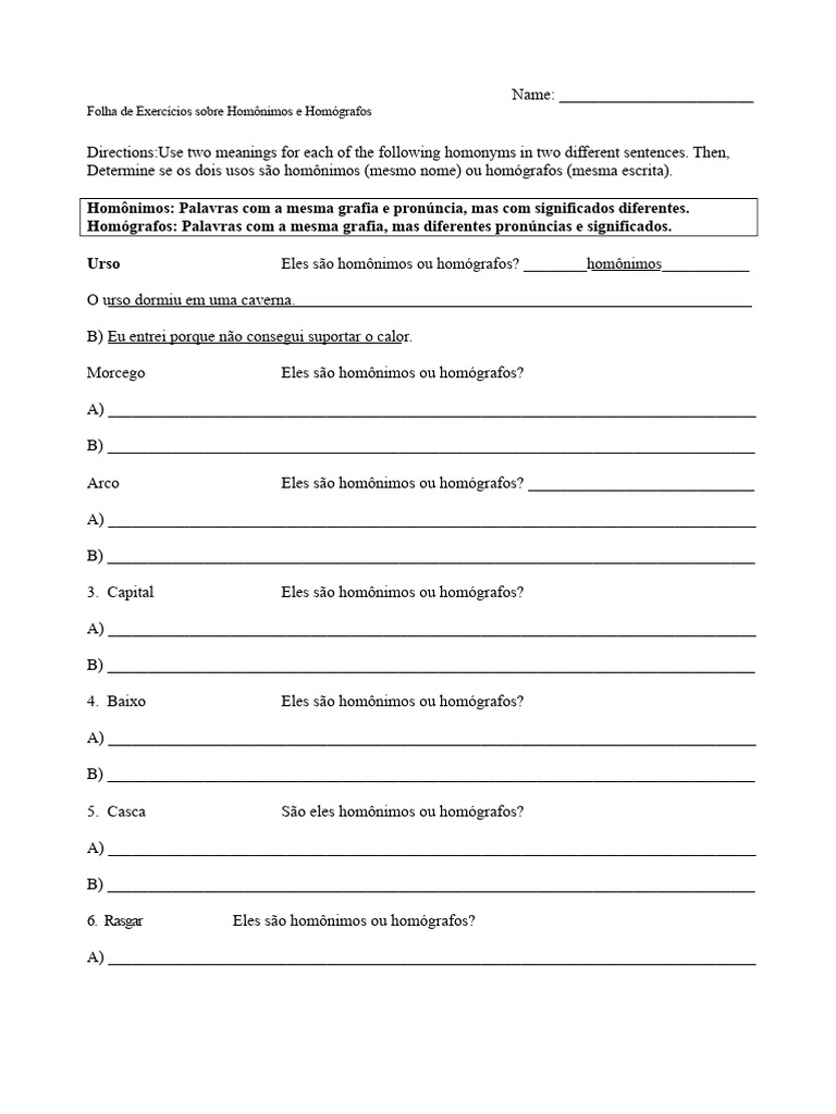 Atividade Sobre Homônimos e Homógrafos 1 | PDF