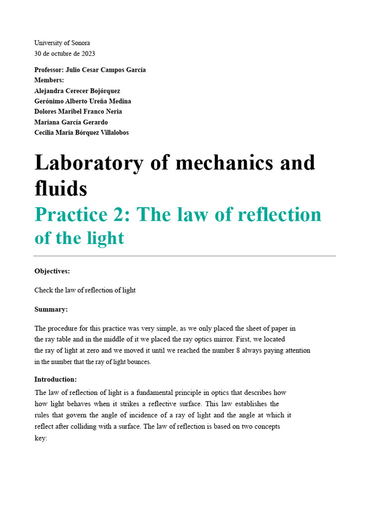 Law of Reflection Experiment Summary | PDF | Reflection (Physics) | Mirror