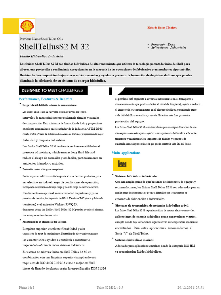Fluido Hidráulico Shell Tellus S2 M 32 | PDF | Ingeniería Química