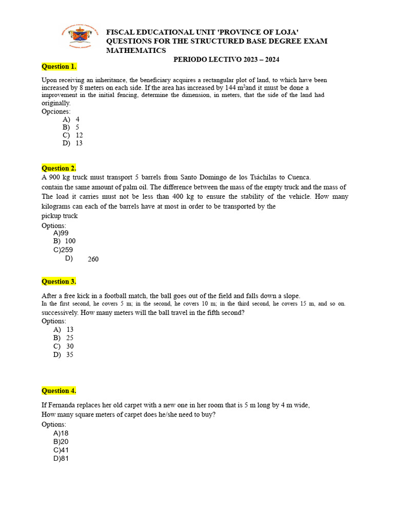 Structured Math Exam Questions 2023-2024 | PDF | Mathematics