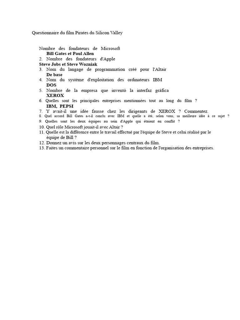 Questionnaire sur Pirates du Silicon Valley | PDF