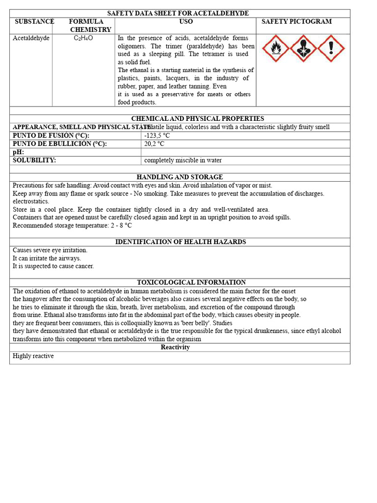 Safety Data Sheet of Acetaldehyde | PDF | Ethanol | Chemical Substances