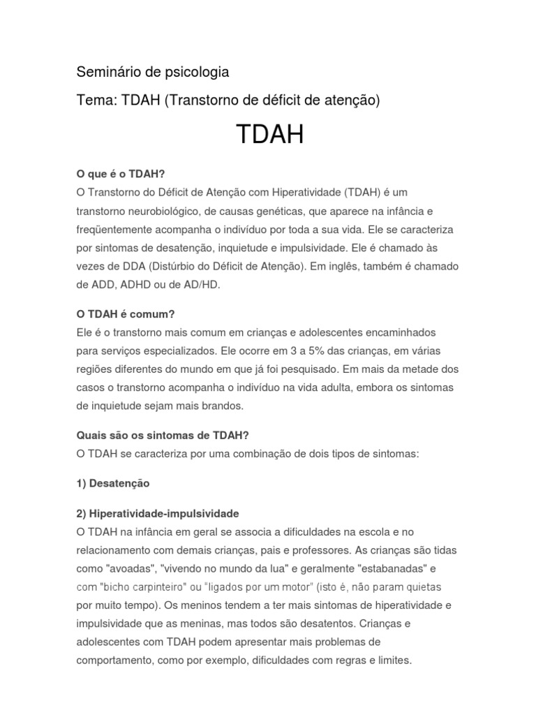 TDAH Word | PDF | Transtorno de déficit de atenção e hiperatividade ...