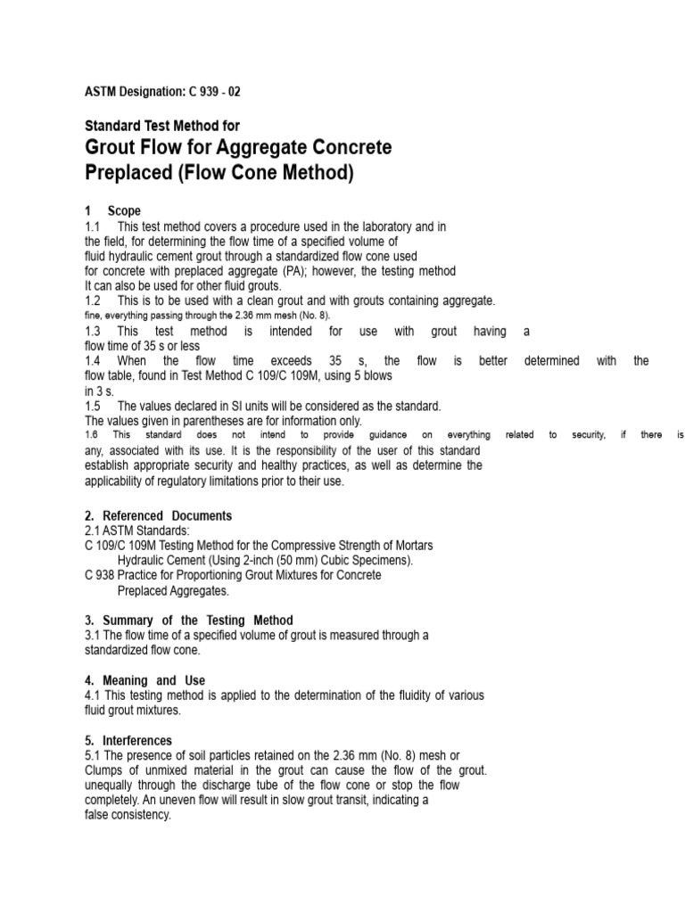 Grout Flow Test Method for Concrete | PDF | Concrete | Construction ...