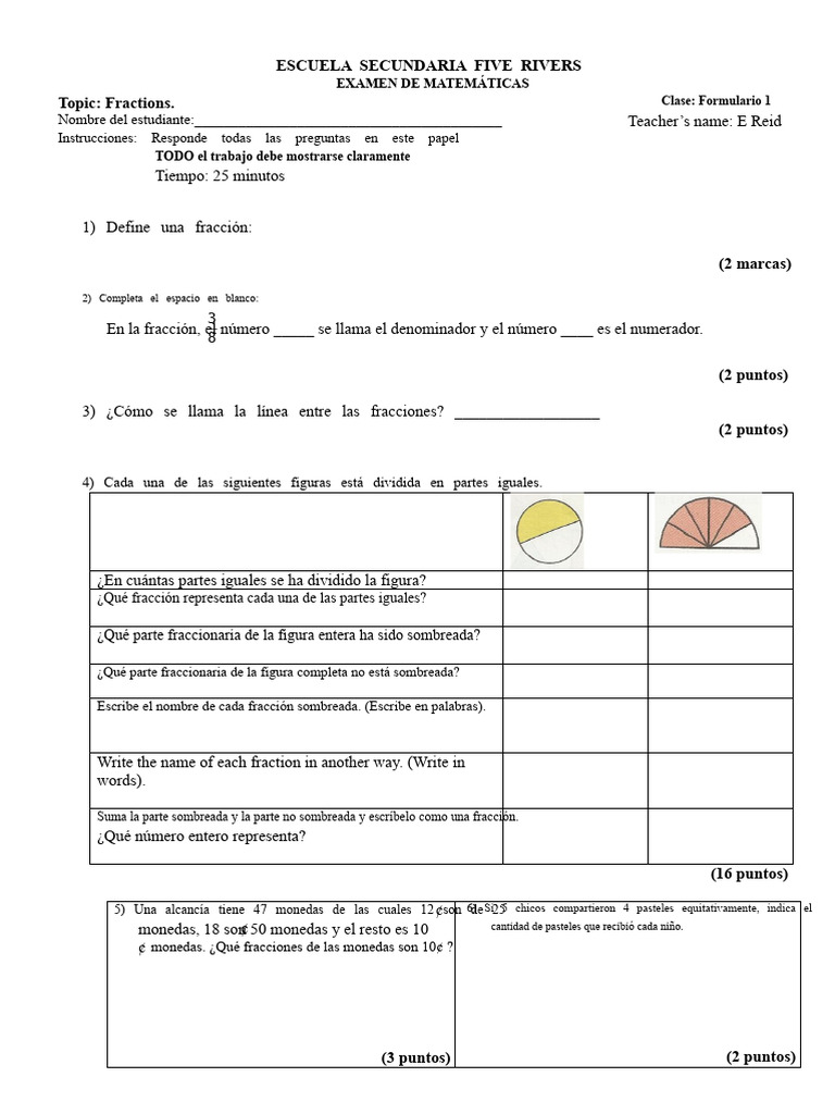 Examen de Matemáticas: Fracciones 1º Grado | PDF | Matemáticas | Aritmética