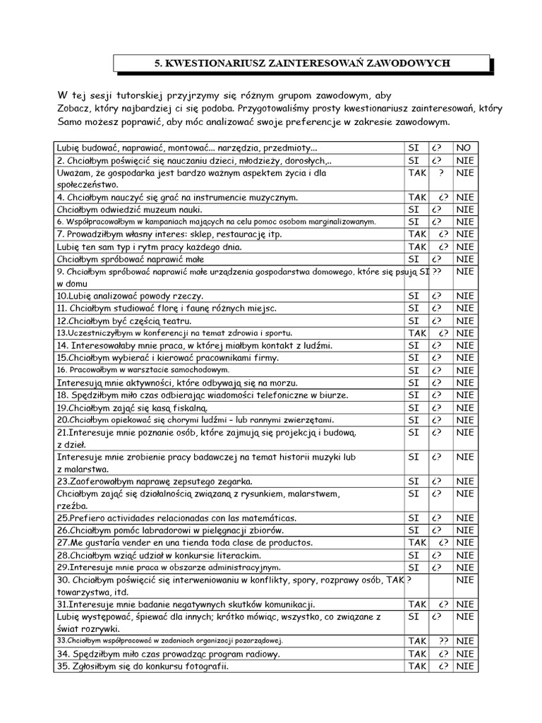 Kwestionariusz Zainteresowań Zawodowych | PDF