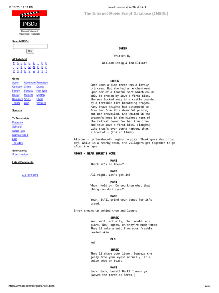 The Entire Shrek Movie Script | PDF