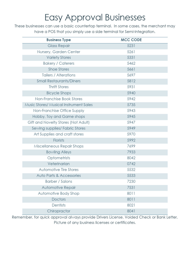 Easy Approval Businesses List by MCC Code | PDF