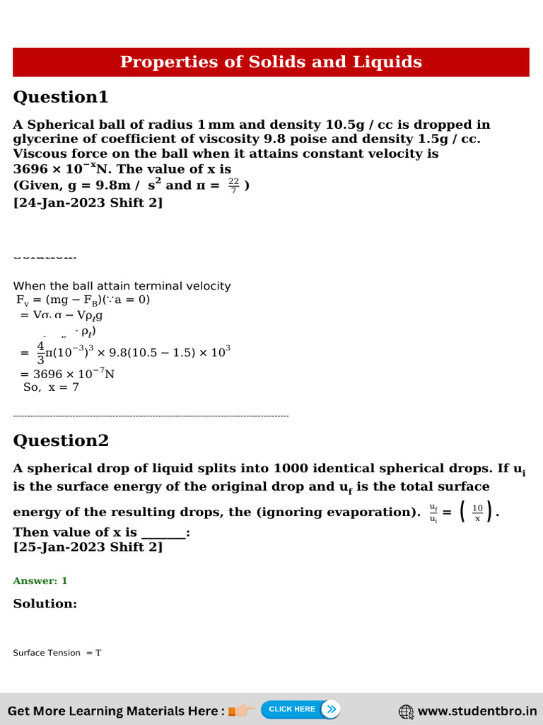 67b6ca49d5da3 - 5. Properties of Solids and Liquids JEE Mains Questions ...