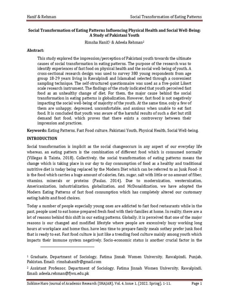 Social Transformation of Eating Patterns Influencing Physical Health ...