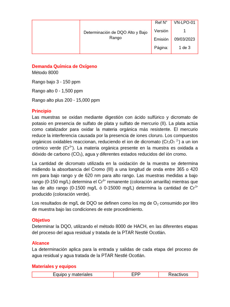 Determinación de DQO en Aguas Residuales | PDF | Química | Compuestos ...