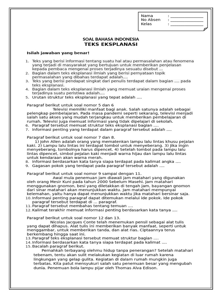 Soal Teks Eksplanasi Bahasa Indonesia | PDF