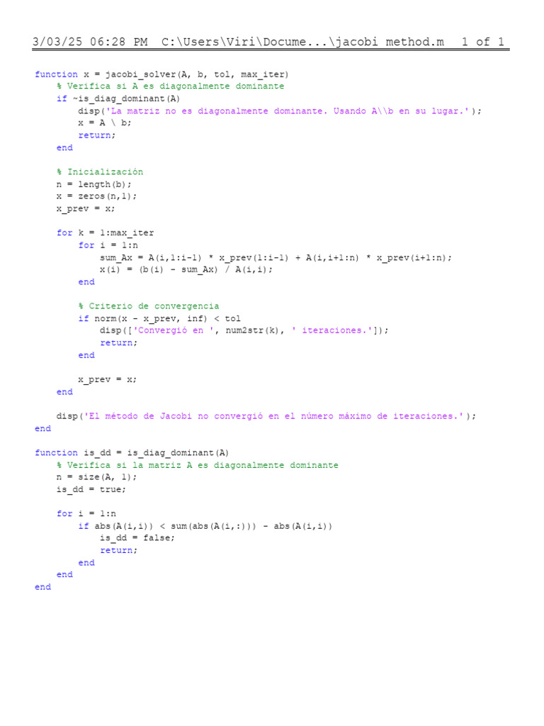 Método de Jacobi en MATLAB | PDF