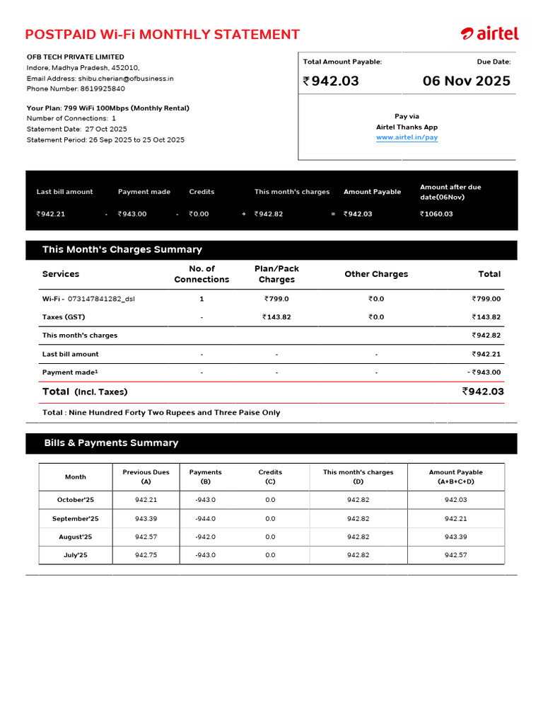 Postpaid Wi-Fi Monthly Statement: This Month's Charges Summary | PDF ...