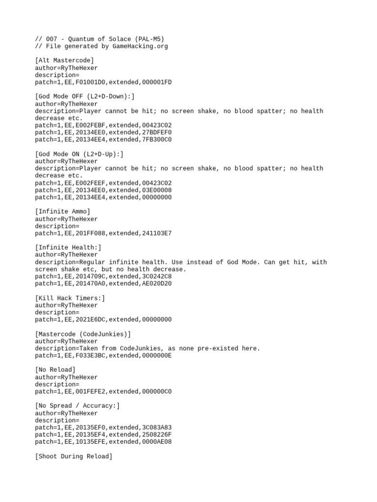 Quantum of Solace Cheat Codes Guide | PDF