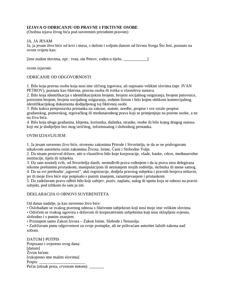Izjava o Odricanju Od Pravne I Fiktivne Osobe - Ai | PDF