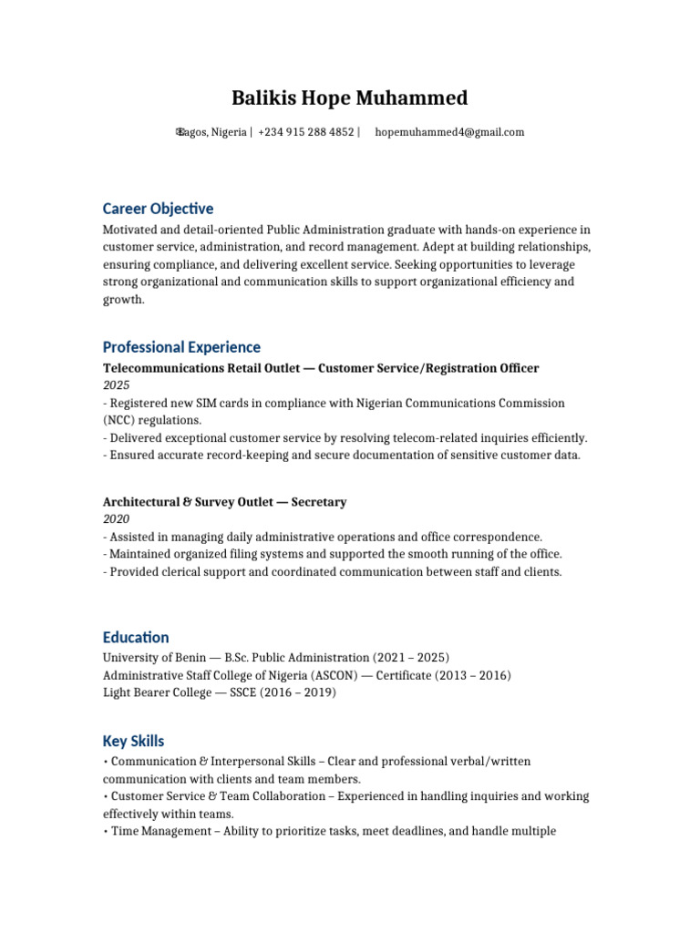 Balikis Hope Muhammed CV | PDF