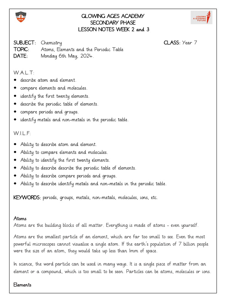 Year 7 Chemistry: Atoms & Periodic Table | PDF | Chemical Elements | Atoms