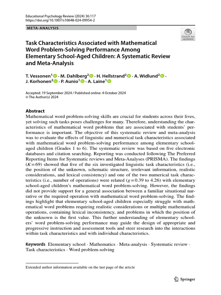 Task Characteristics in Math Problem-Solving | PDF | Systematic Review ...