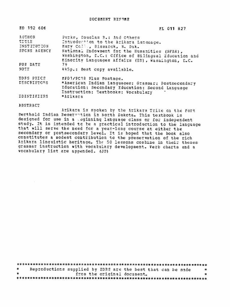 Arikara Language, Introduction To The (Parks) | PDF