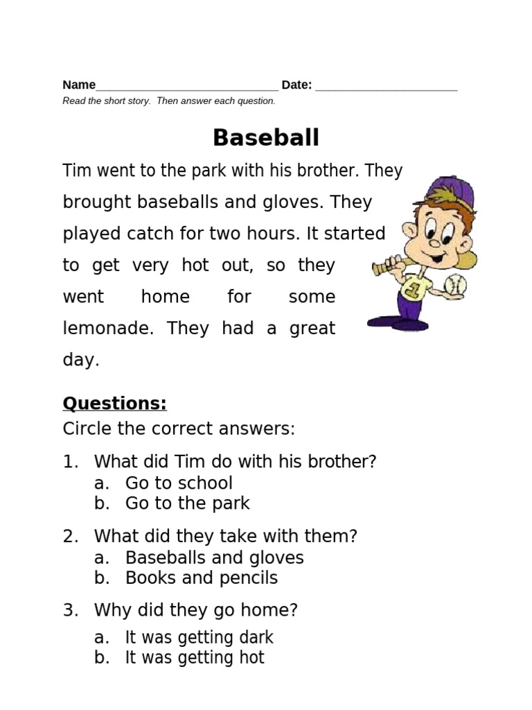 Reading Comprehension Story Baseball | PDF
