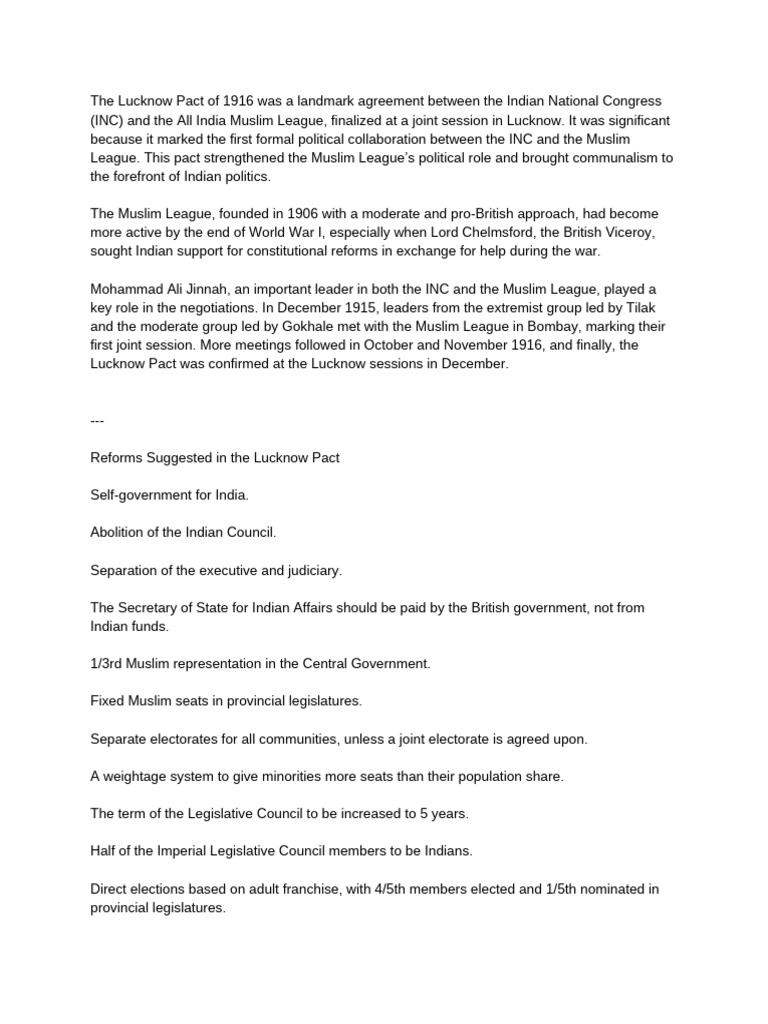 The Lucknow Pact of 1916 Was A Landmark Agreement Between The Indian ...