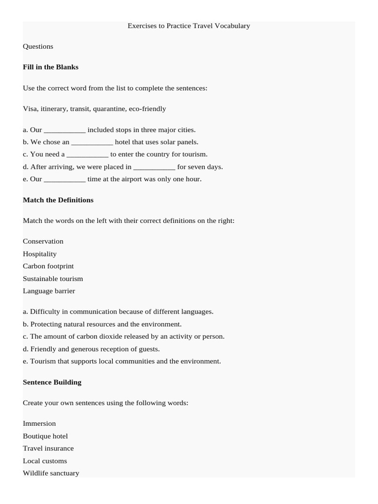 Travel Vocabulary Practice Exercises | PDF