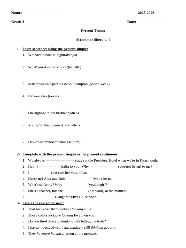 Grade 8 Present Tenses Grammar Guide | PDF