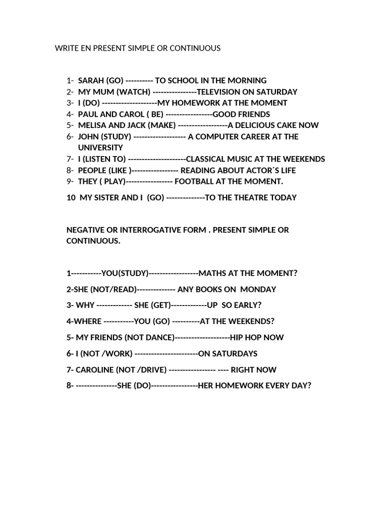 Write en Present Simple or Continuous | PDF