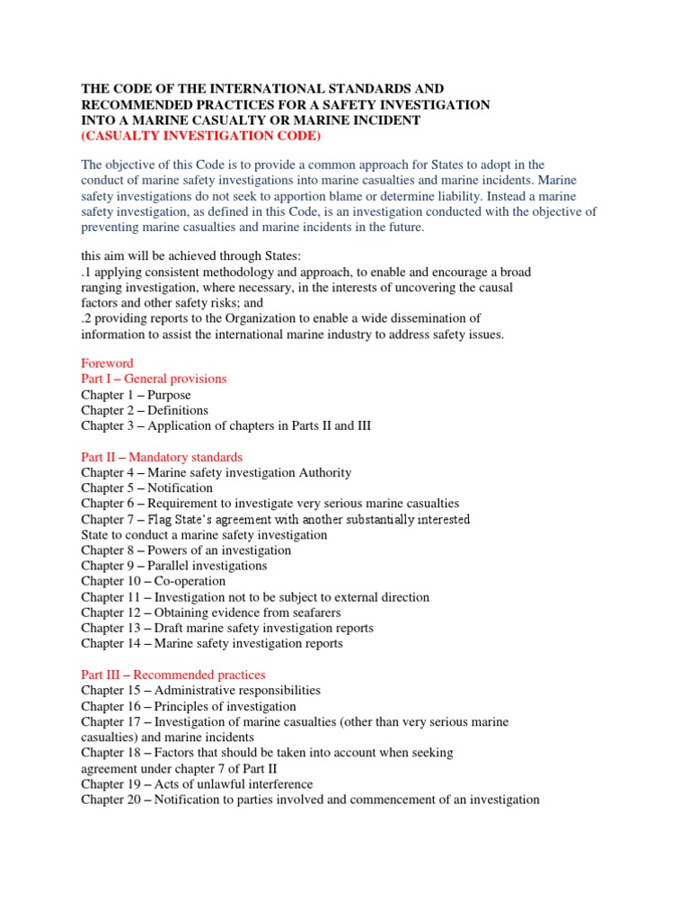 Marine Casualty Investigation Code Overview | PDF | Safety | Ships