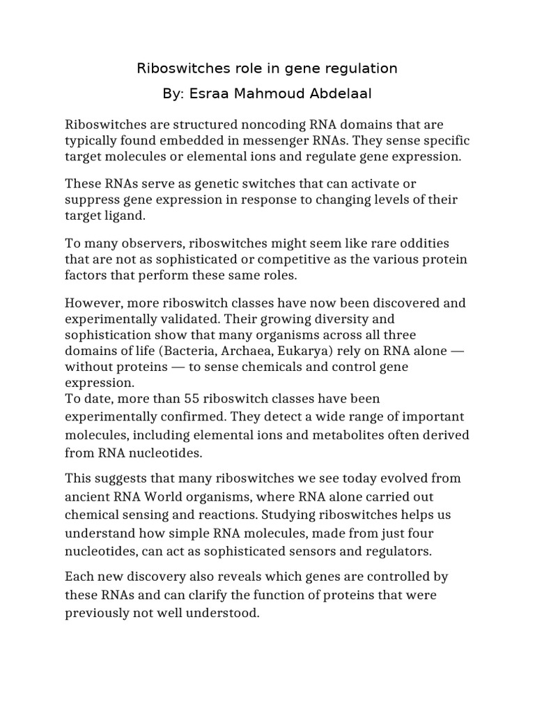 Riboswitches Role in Gene Regulation | PDF | Rna | Gene