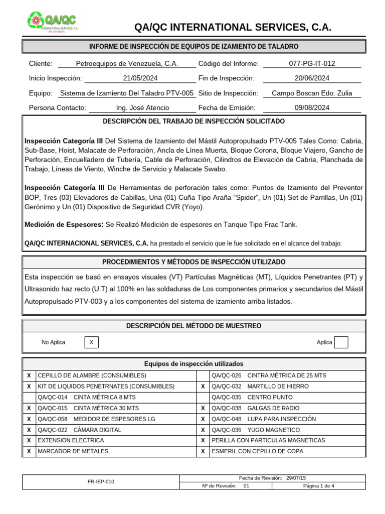 Reporte 077 PG IT 012 Informe General PTV 005 | PDF | Ingeniería mecánica