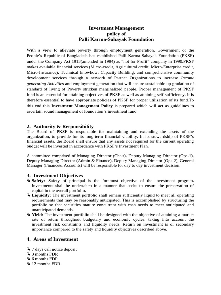 PKSF Investment Management Policy | PDF | Market Liquidity | Internal ...