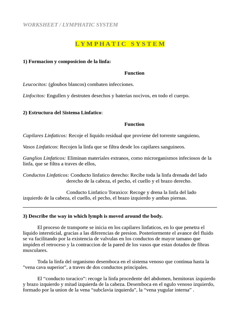 The Lymphatic System - Worksheet - Es | PDF | Sistema linfático | Linfa
