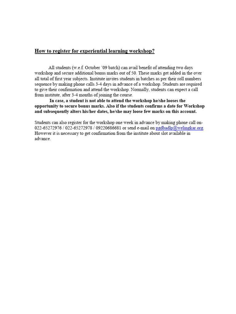How To Register For Experiential Learning Workshop | PDF